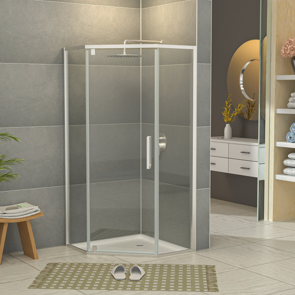 Sarlai 34 W x 72 H Semi-Frameless Neo-Angle Door Opening Shower Enclosure with Tempered Glass ...